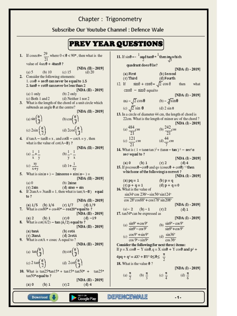 Prev Year Questions: Chapter: Trigonometry | PDF | Trigonometric ...