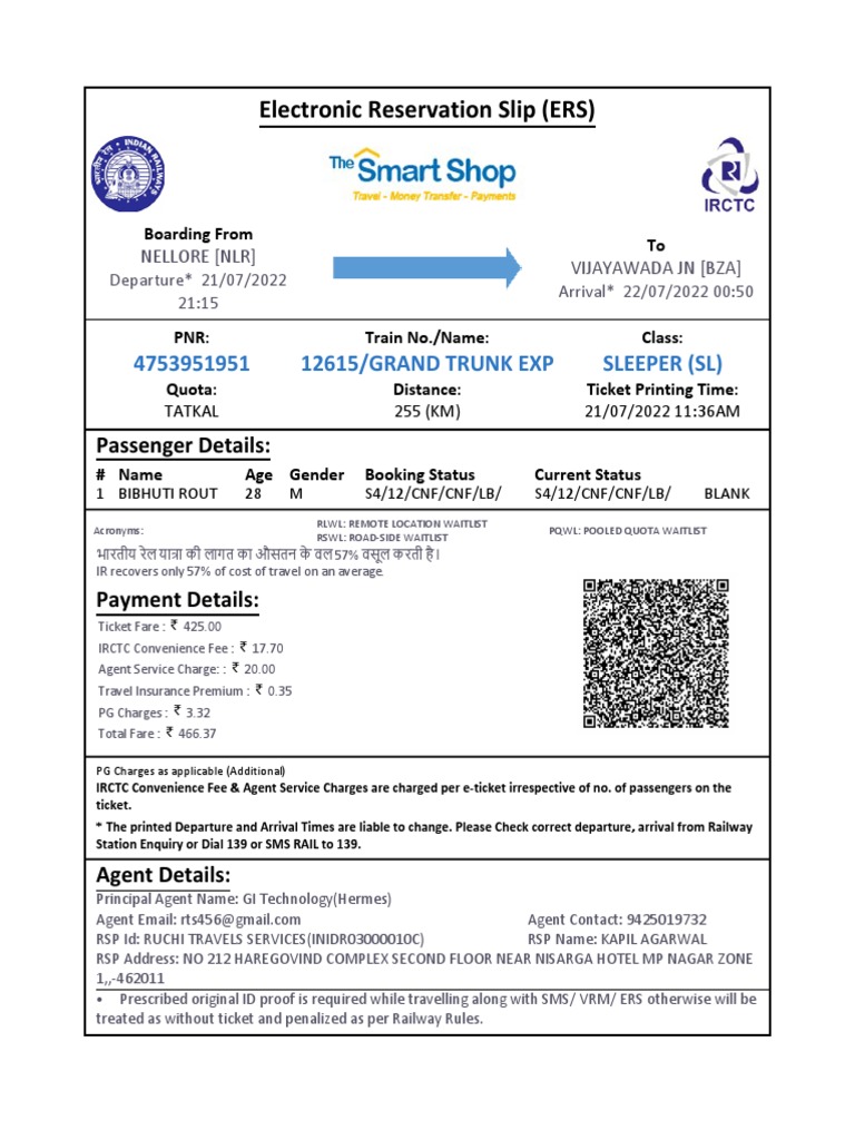 Electronic Reservation Slip (ERS) : 4753951951 12615/grand Trunk Exp ...