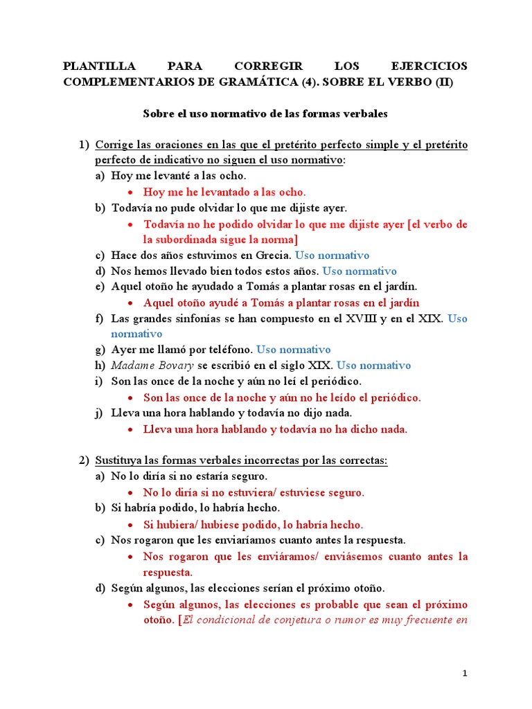 Plantilla para Corregir Los Ejercicios Complementarios de Gramática (4) - Sobre El Verbo | PDF ...