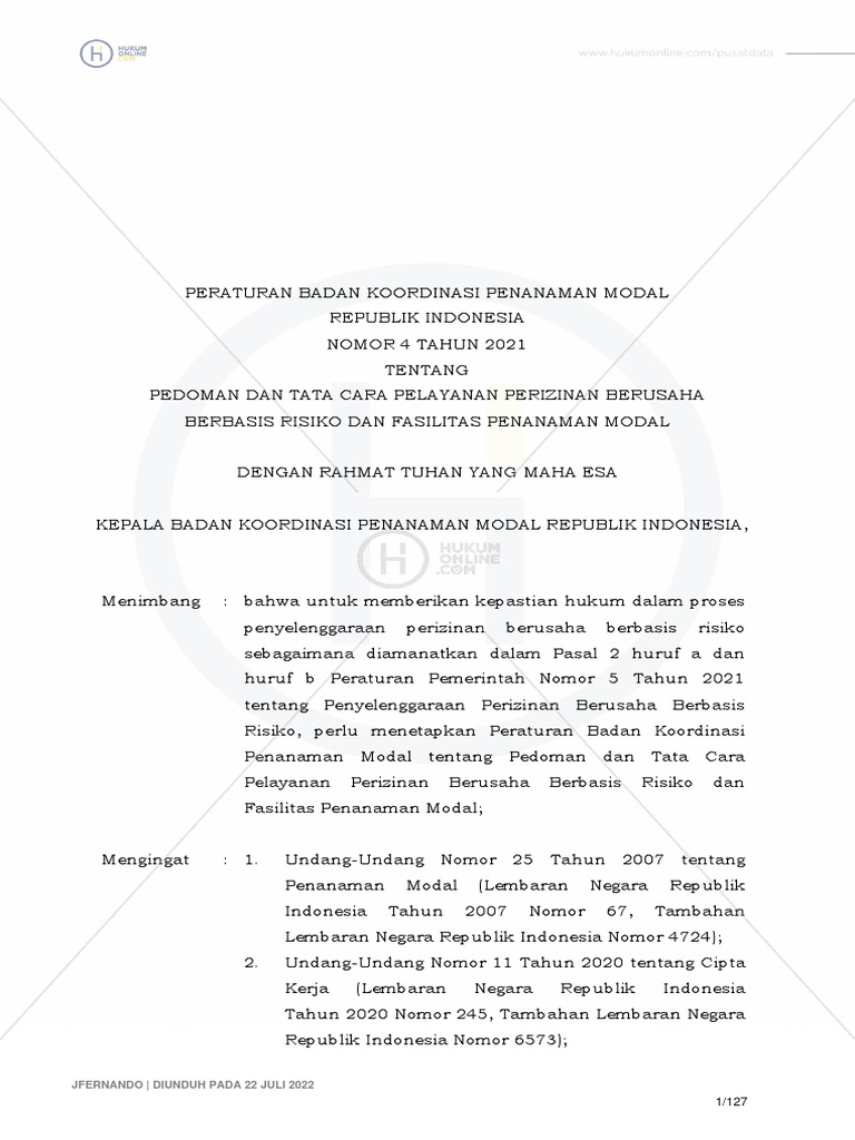 BKPM No 4 Tahun 2021 | PDF