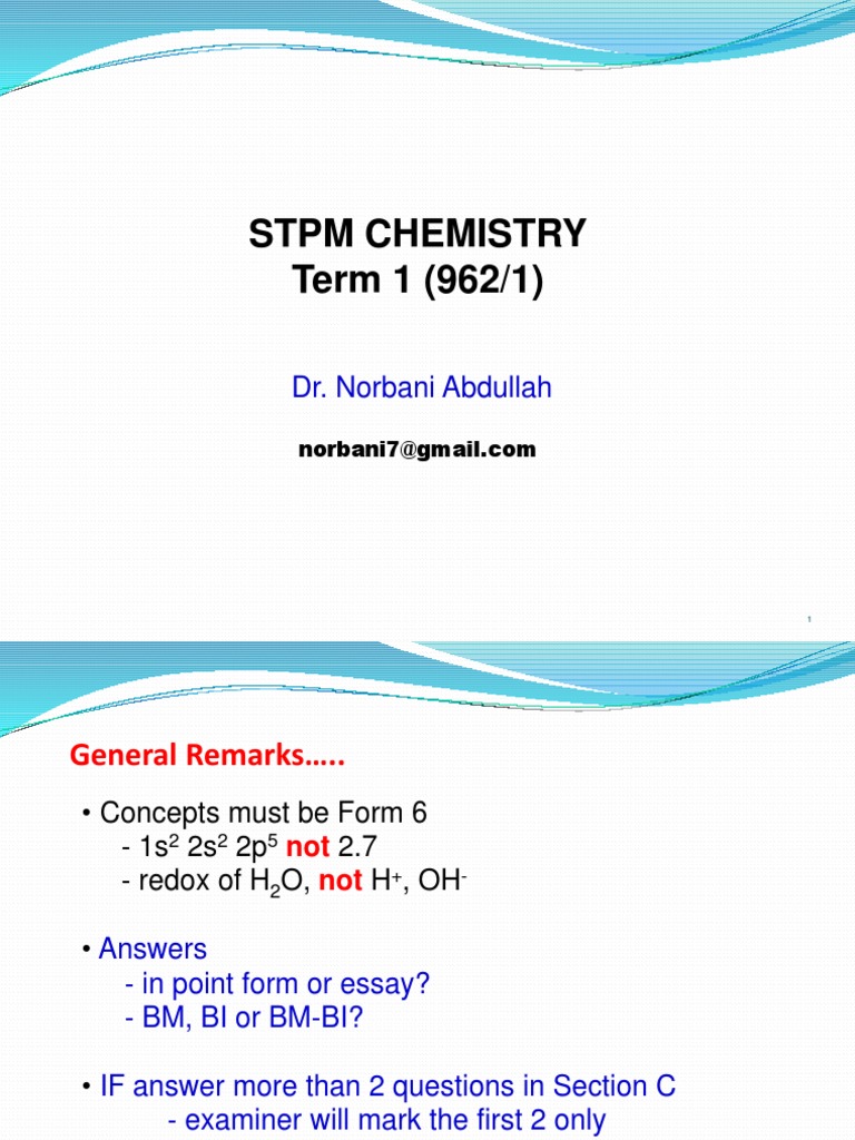 STPM Chemistry Term 1 (962/1) : Dr. Norbani Abdullah | PDF | Chemical ...