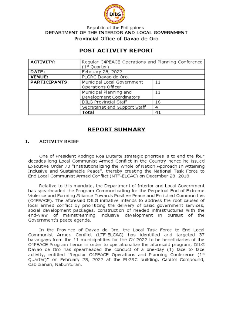 Post Activity Report: Provincial Office of Davao de Oro | PDF