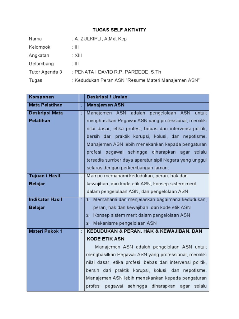 Tugas Self Aktivity Kedudukan Dan Peran Asn Resume Materi Manajemen Asn ...