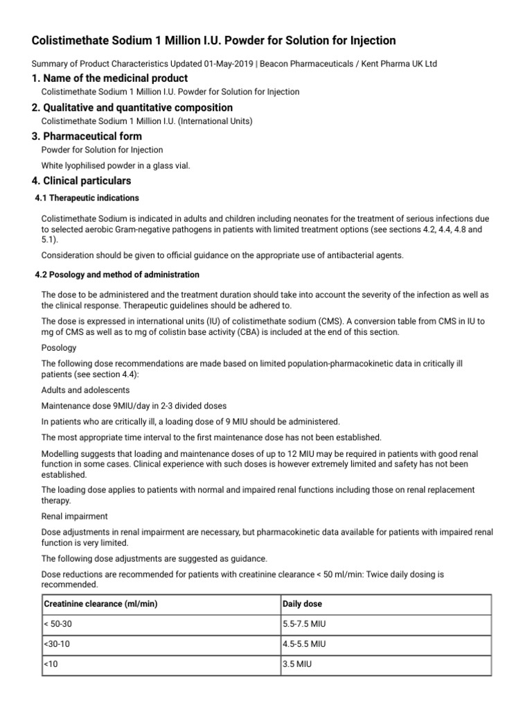Colistimethate Sodium 1 Million I.U. Powder For Solution For Injection ...