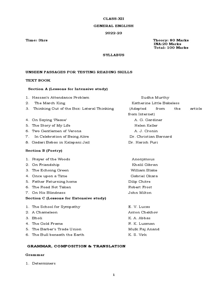 12th General English Syllabus | PDF