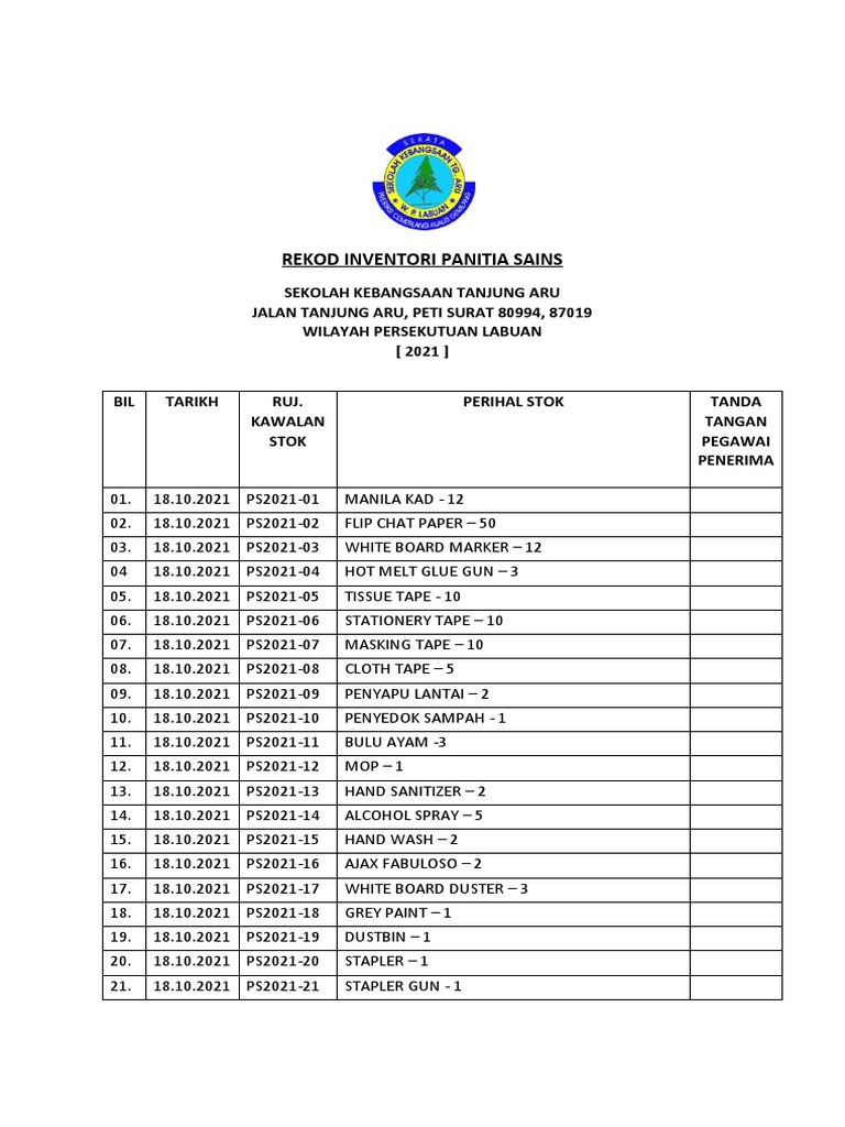REKOD INVENTORI PANITIA 2021 | PDF