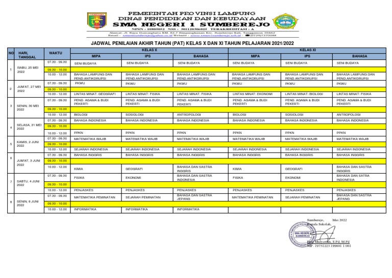 Jadwal Pat 2021-2022 Fix PDF | PDF