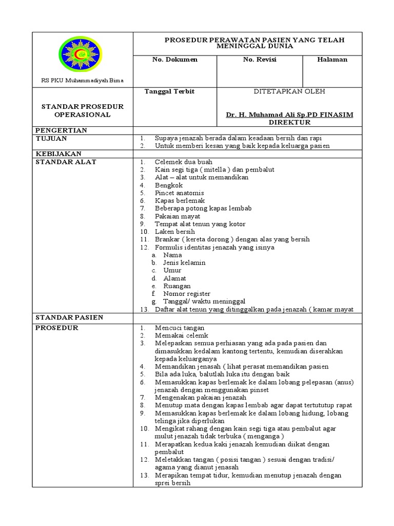Prosedur Perawatan Jenazah di RS PKU Bima | PDF