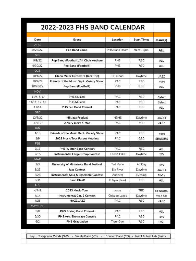 Phs Band Calendar 2022-2023 | PDF | Musicians | Music Organizations
