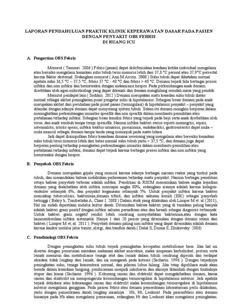 Laporan Pendahuluan OBS Febris (Stase Keperawatan Dasar) Ruang ICU | PDF
