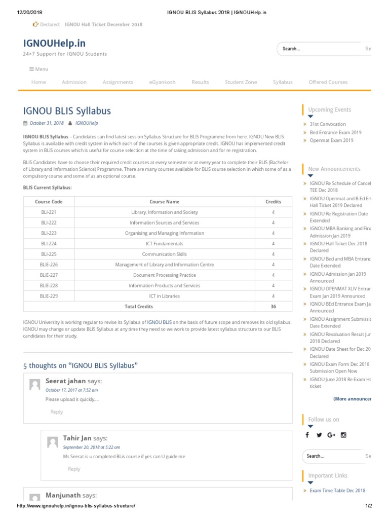 IGNOU BLIS Syllabus 2018 - IGNOUHelp - in | PDF