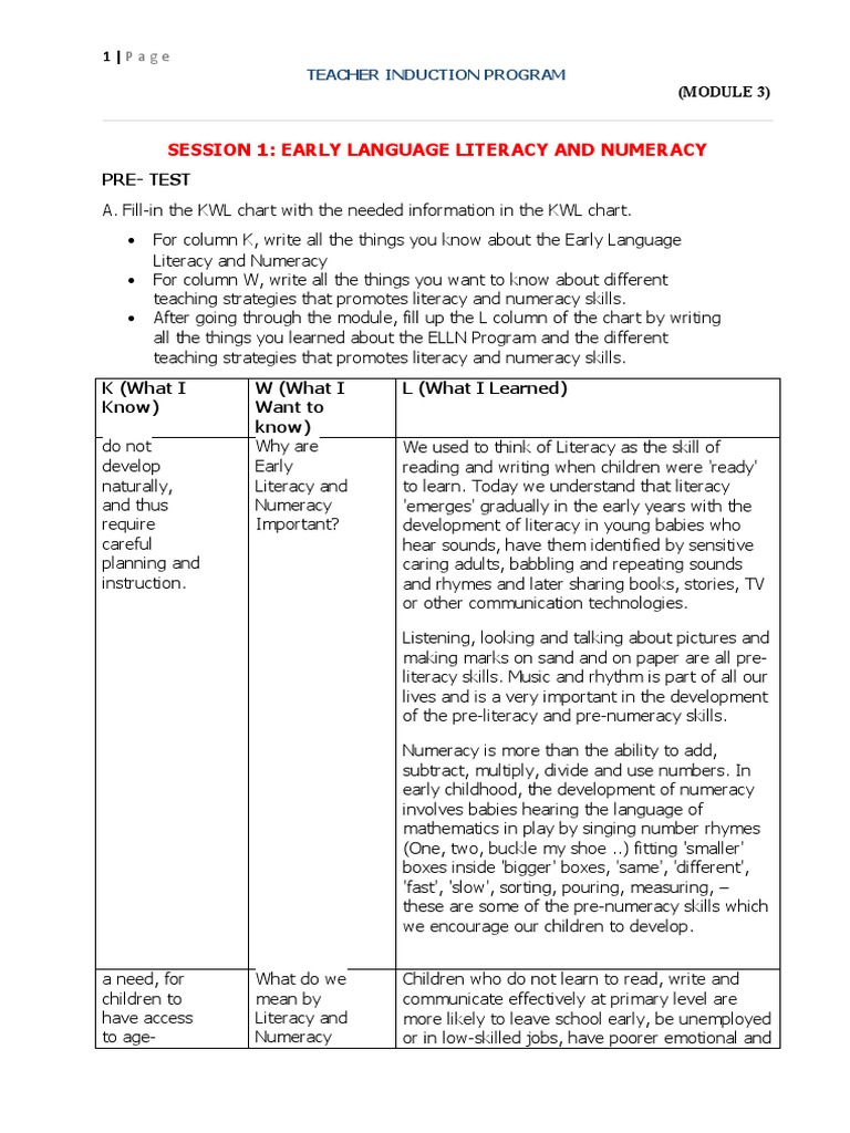 Session 1: Early Language Literacy and Numeracy: Pre-Test | PDF ...