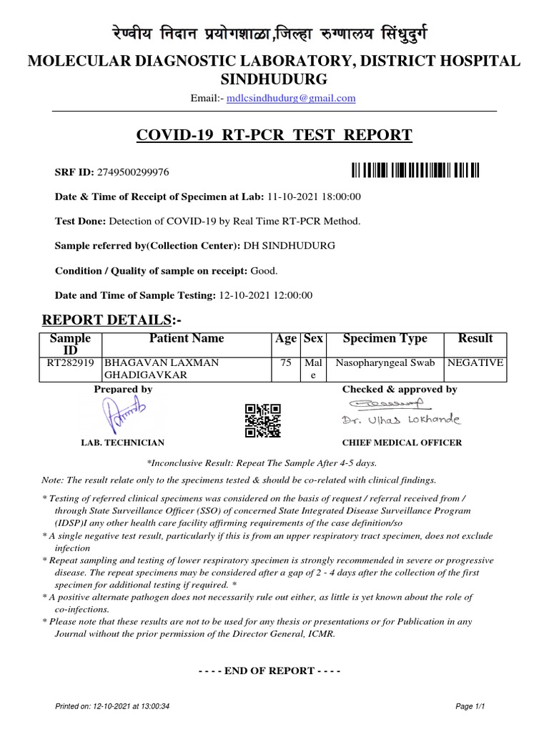 Covid-19 RT-PCR Test Report: Molecular Diagnostic Laboratory, District ...