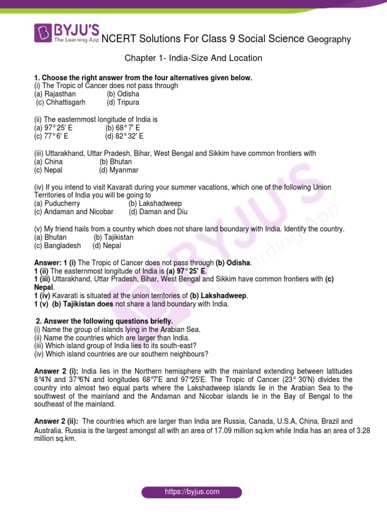 Ncert Solutions Class 9 Geography Chapter 1 India Size Location | PDF ...