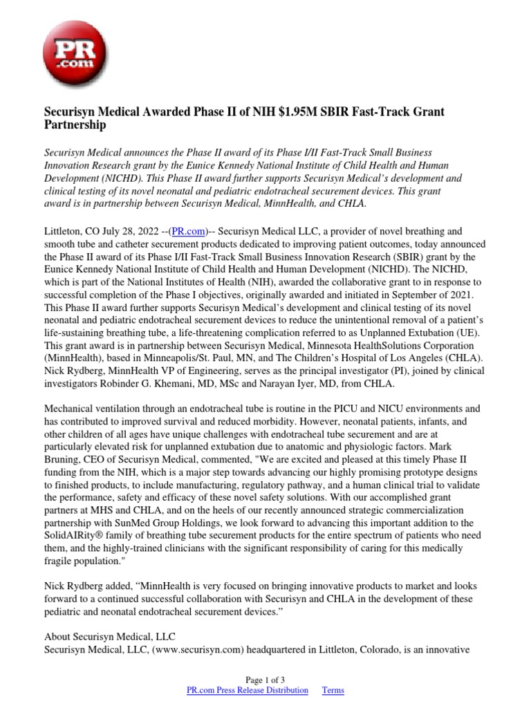 Securisyn Medical Awarded Phase II of NIH $1.95M SBIR Fast-Track Grant ... Securisyn Medical Awarded Phase II of NIH $1.95M SBIR Fast-Track Grant ...