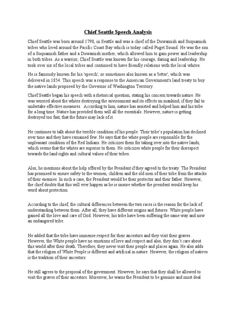 Chief Seattle's Speech Analysis 1000 WORDS | PDF
