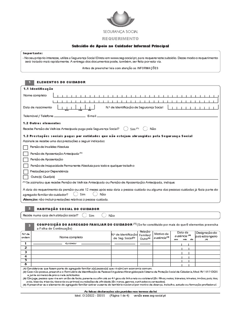 Formulário para Subsidio de Apoio Ao Cuidador Informal Principal | PDF ... Formulário para Subsidio de Apoio Ao Cuidador Informal Principal | PDF ...
