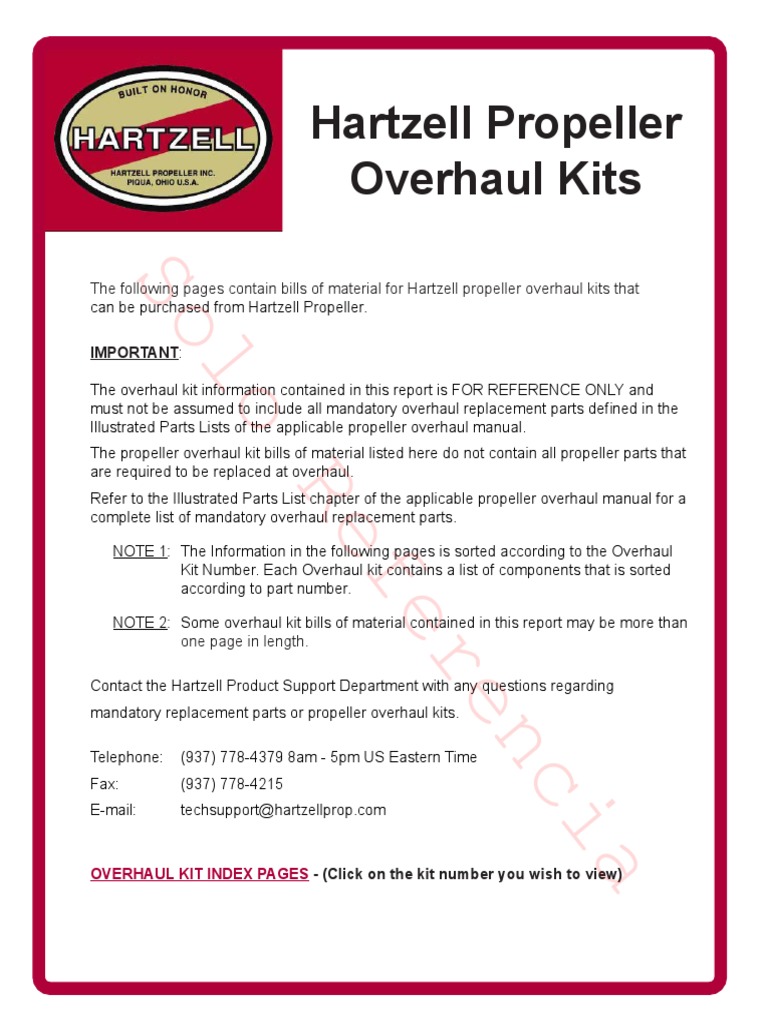 Hartzell Propeller - Overhaul Kits - Hartzell | PDF | Screw | Washer ...