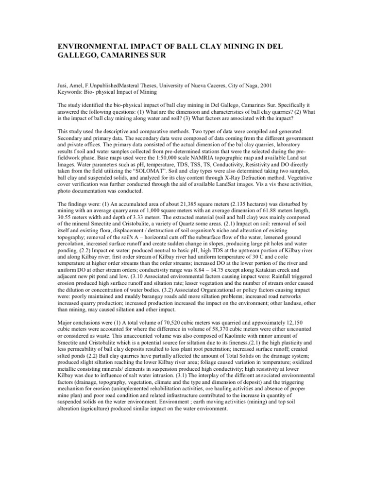 Assessing the Bio-Physical Impacts of Ball Clay Mining in Del Gallego ...