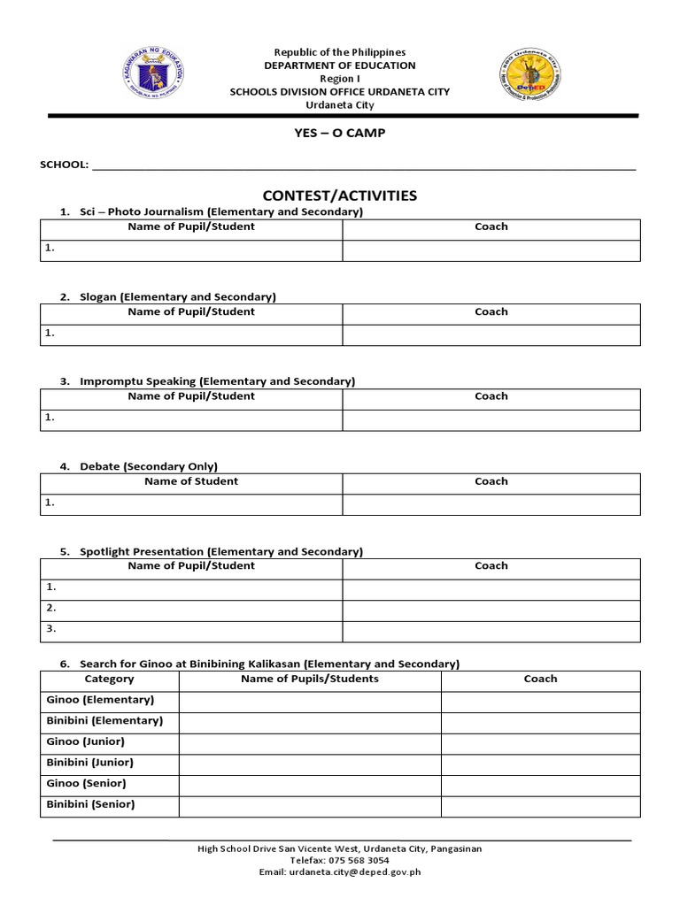 Contest Activities Yes O Camp Pdf
