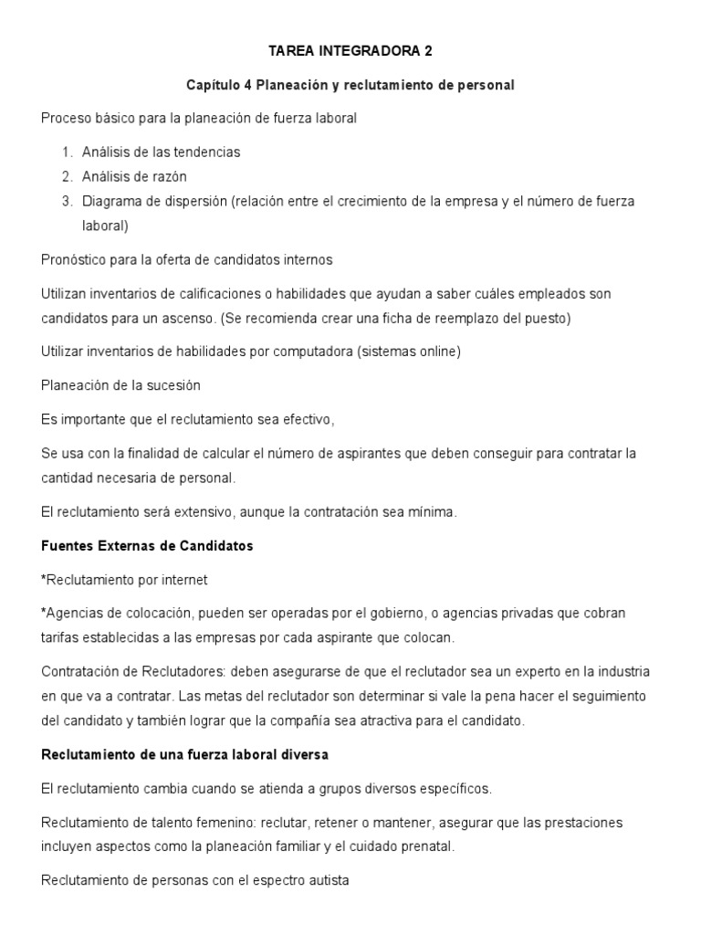 Tarea Integradora 2 Capítulos 4,5 y 6 | PDF | Reclutamiento | Planificación