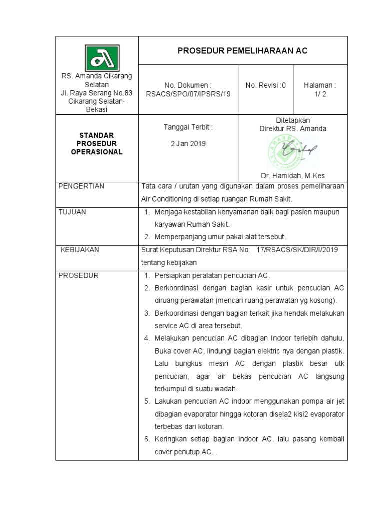 Spo Prosedur Pemeliharaan Ac Rsacs | PDF