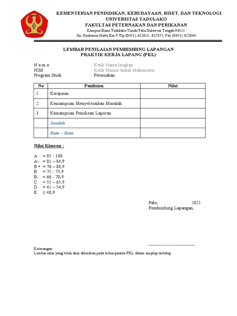 5.lembar Penilaian PKL | PDF