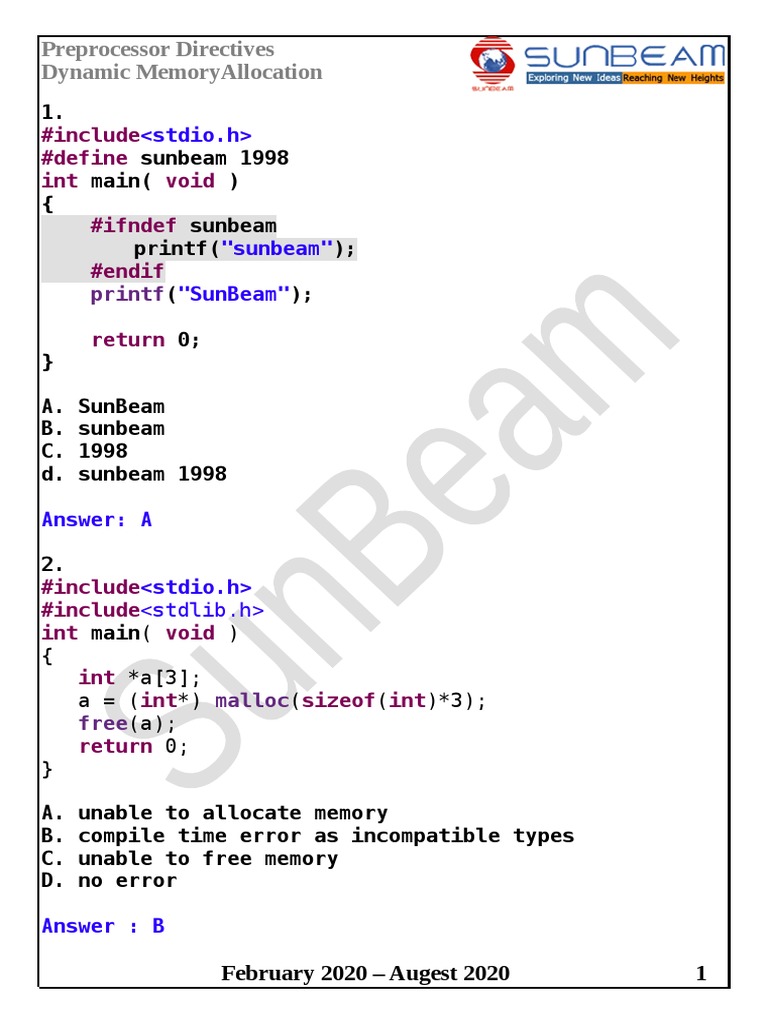Preprocessor Directives Dynamic Memoryallocation Include Define Int Void Ifndef Endif Pdf 