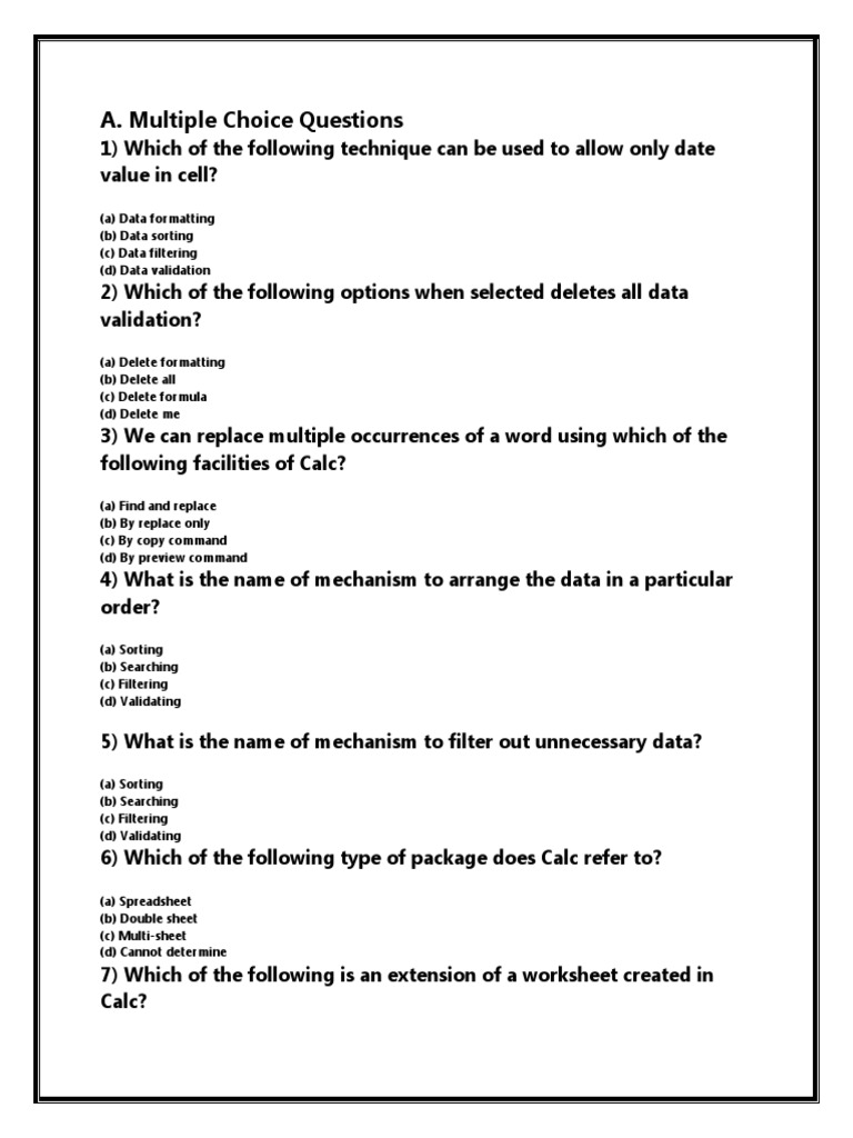 A. Multiple Choice Questions | PDF | Spreadsheet | Worksheet