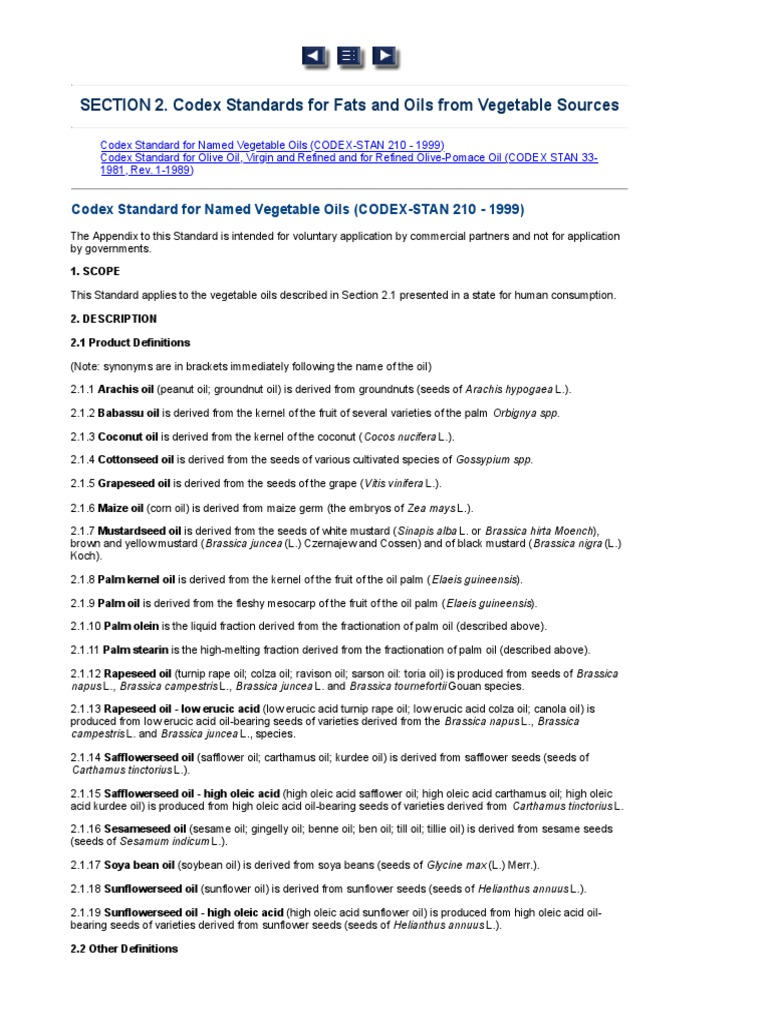 SECTION 2. Codex Standards For Fats and Oils From Vegetable Sources ...