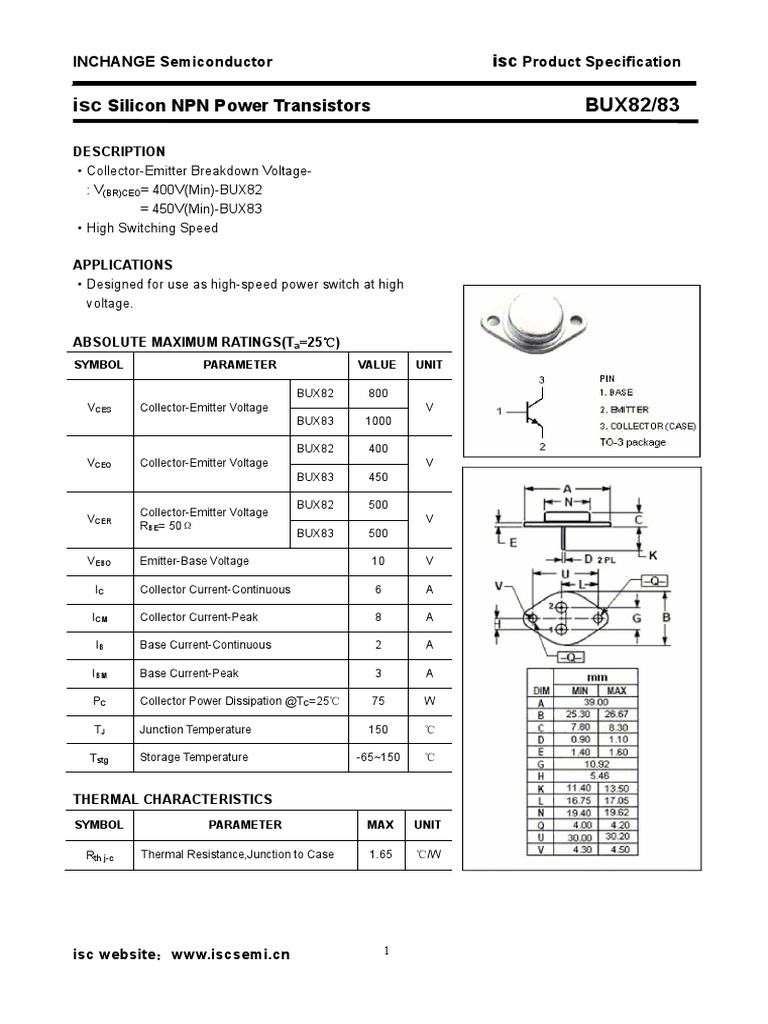 Isc BUX82/83: Isc Silicon NPN Power Transistors | PDF | Bipolar ...
