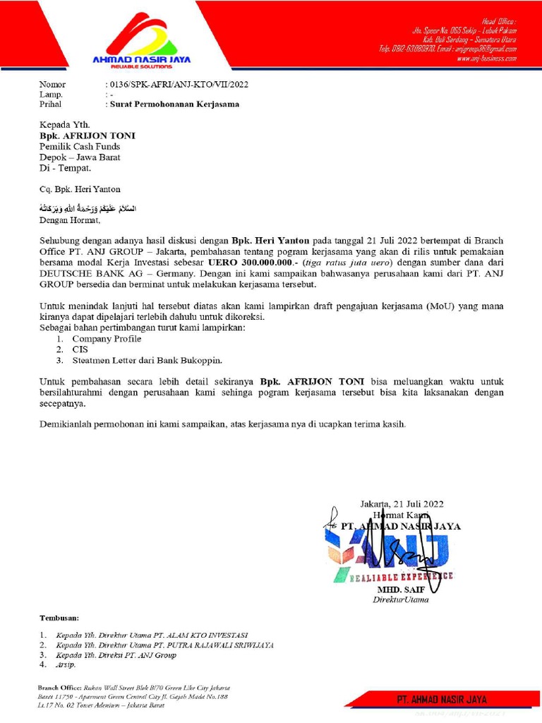 Surat Permohonan PT. - ANJ - NO. 0136 - Page-0001 | PDF