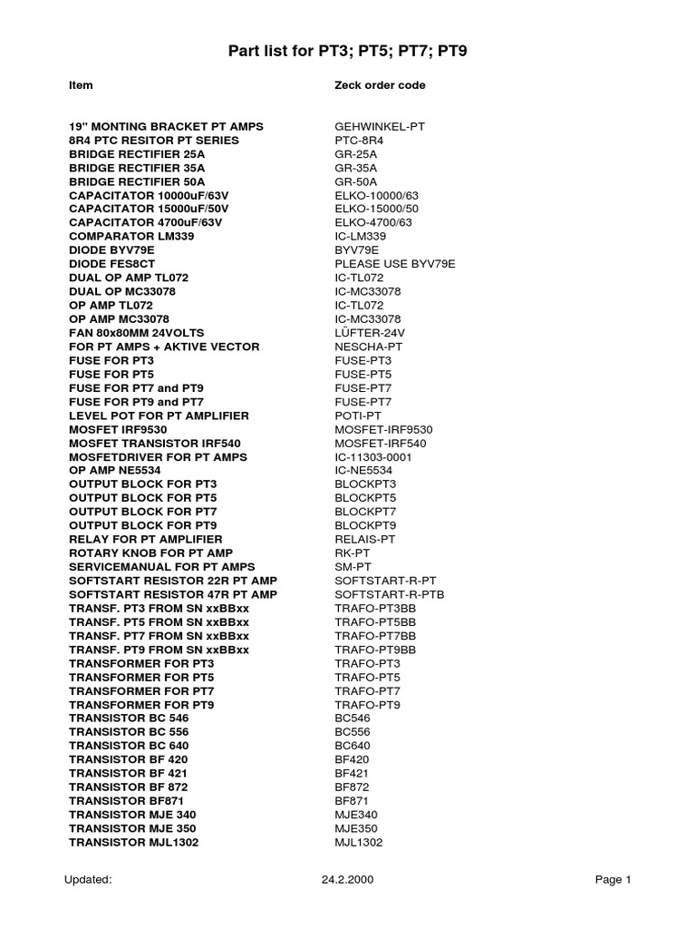 Part List For PT3 PT5 PT7 PT9 | PDF | Amplifier | Transistor