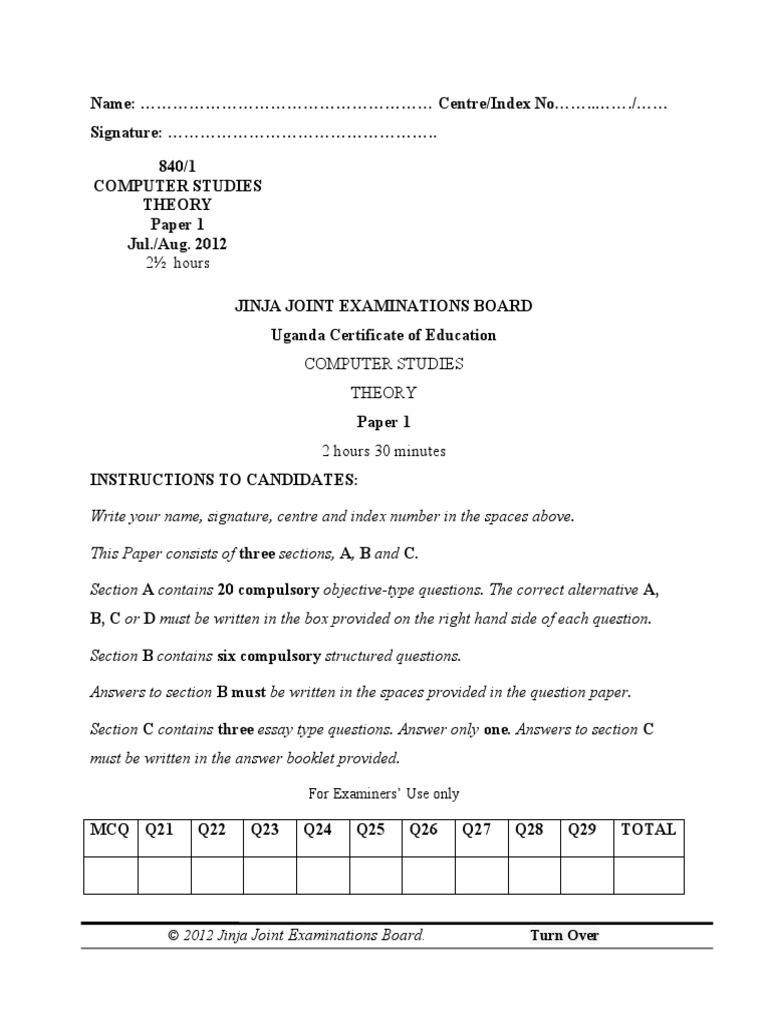 Jinja Joint Mock Examination Computer Paper One | PDF | Computer ...