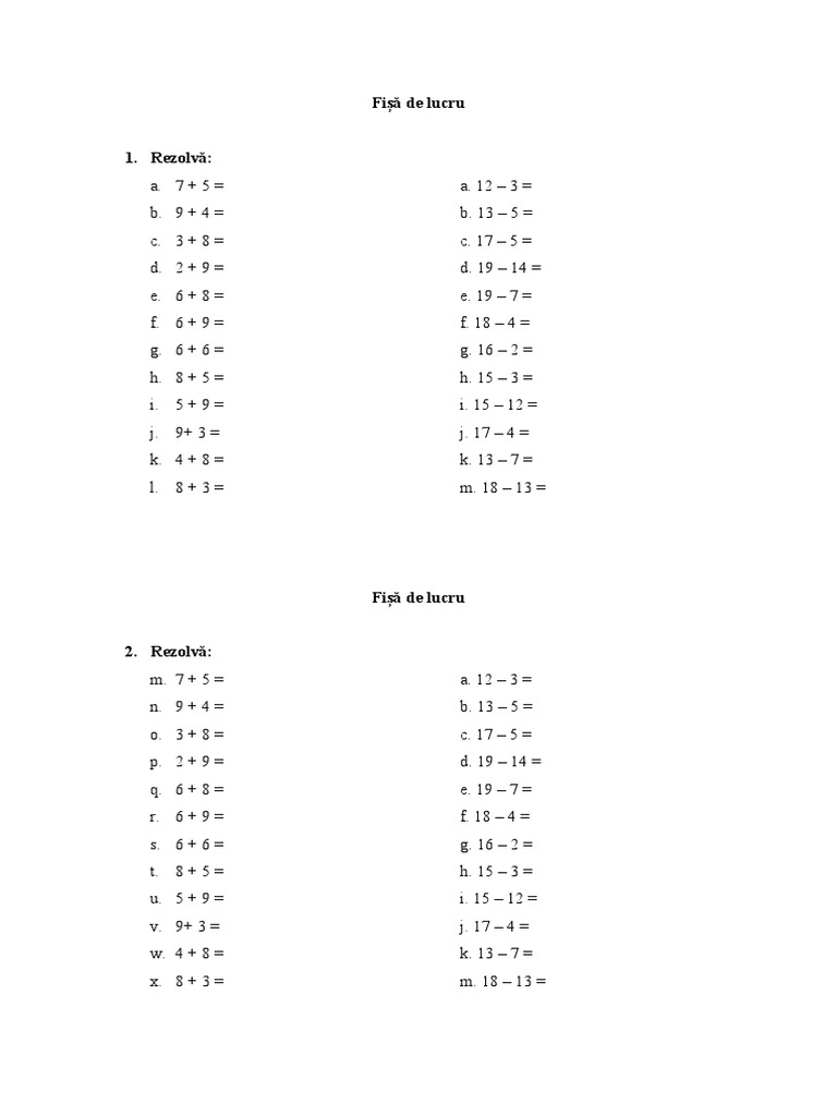 Fișă de Lucru - Mate Calcule Simple | PDF