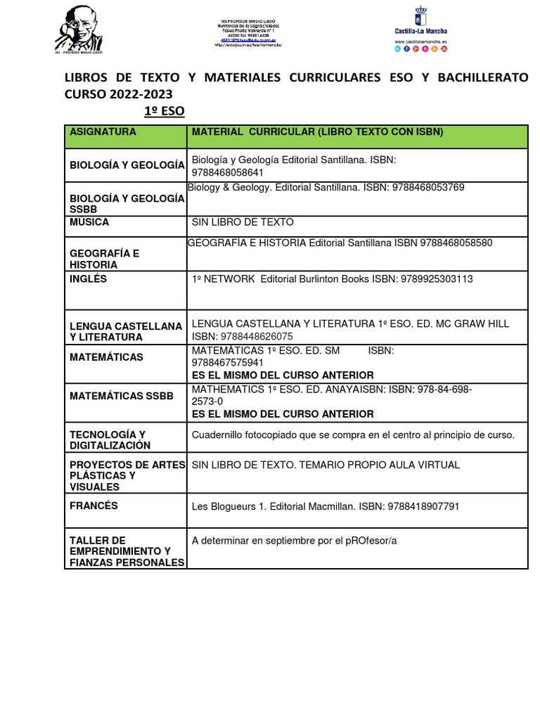 Libros de Texto ESO Y BACHILLERATO Curso 2022 23 | PDF | Maestros | Science