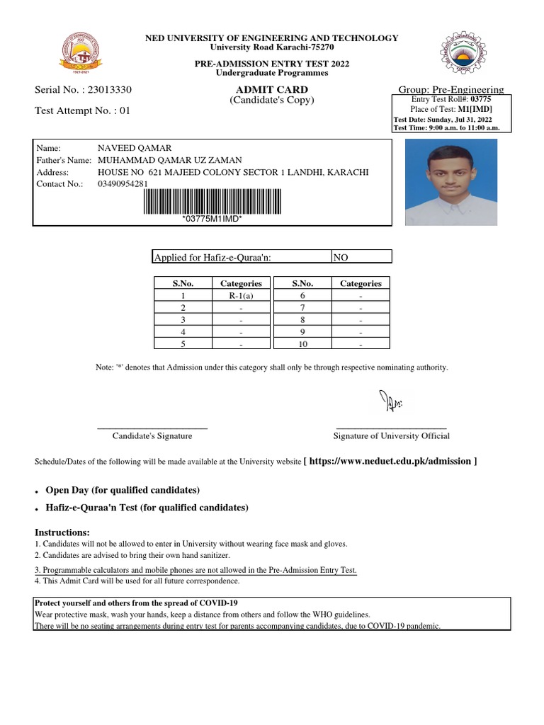 Pre-Admission Entry Test Admit Card for Undergraduate Programmes at NED ...