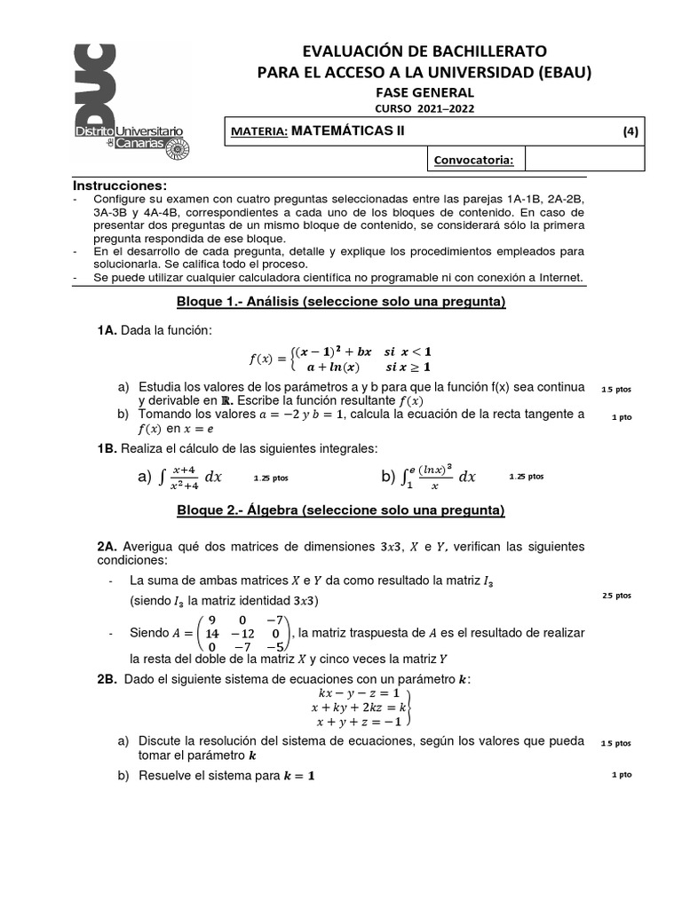 Examen Matematicas II Ebau Junio 2022 | PDF | Ecuaciones | Matriz ...