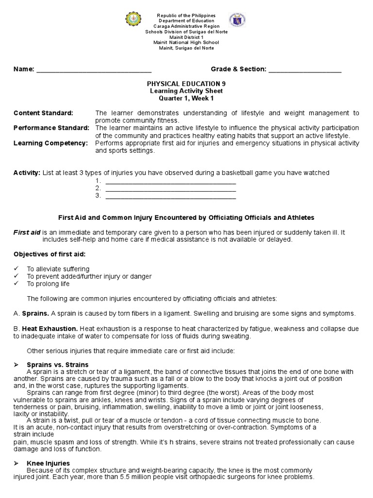 Physical Education 9 Learning Activity Sheet Quarter 1, Week 1 | PDF ...