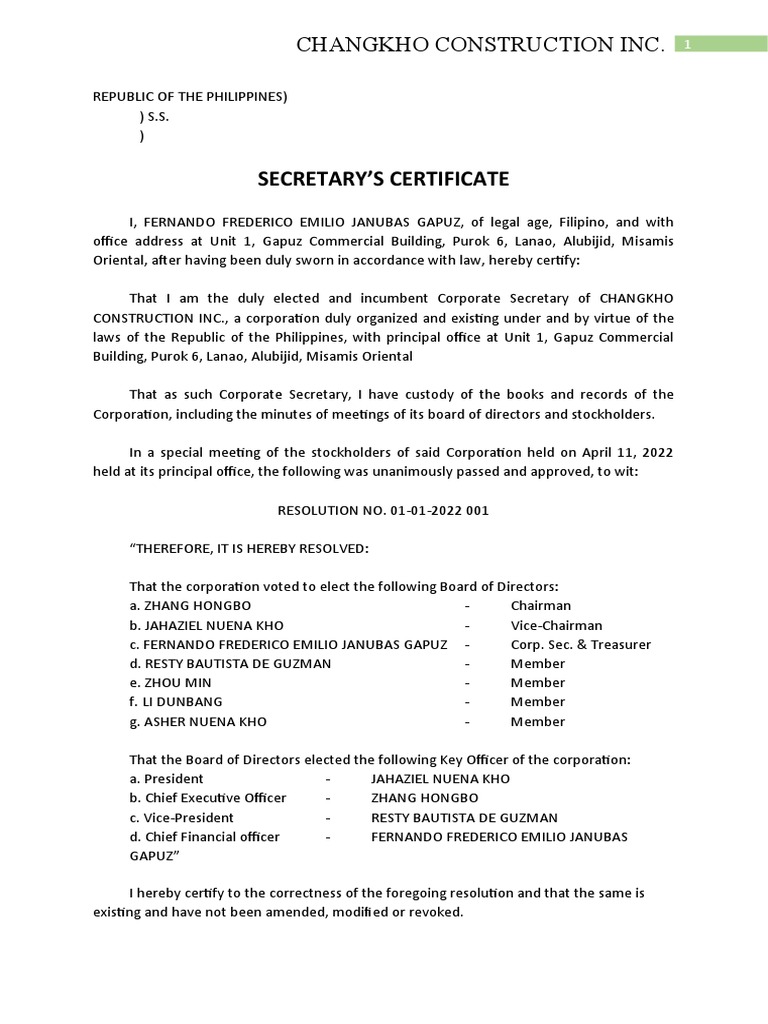 Corporate Secretary Certificate - Election of Board of Directors ...