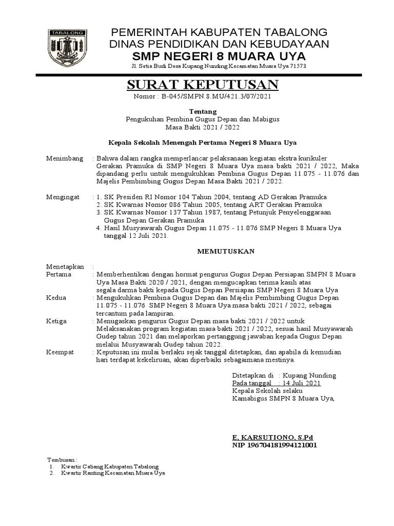 Contoh SK Ekskul Pramuka 2021-2022 | PDF