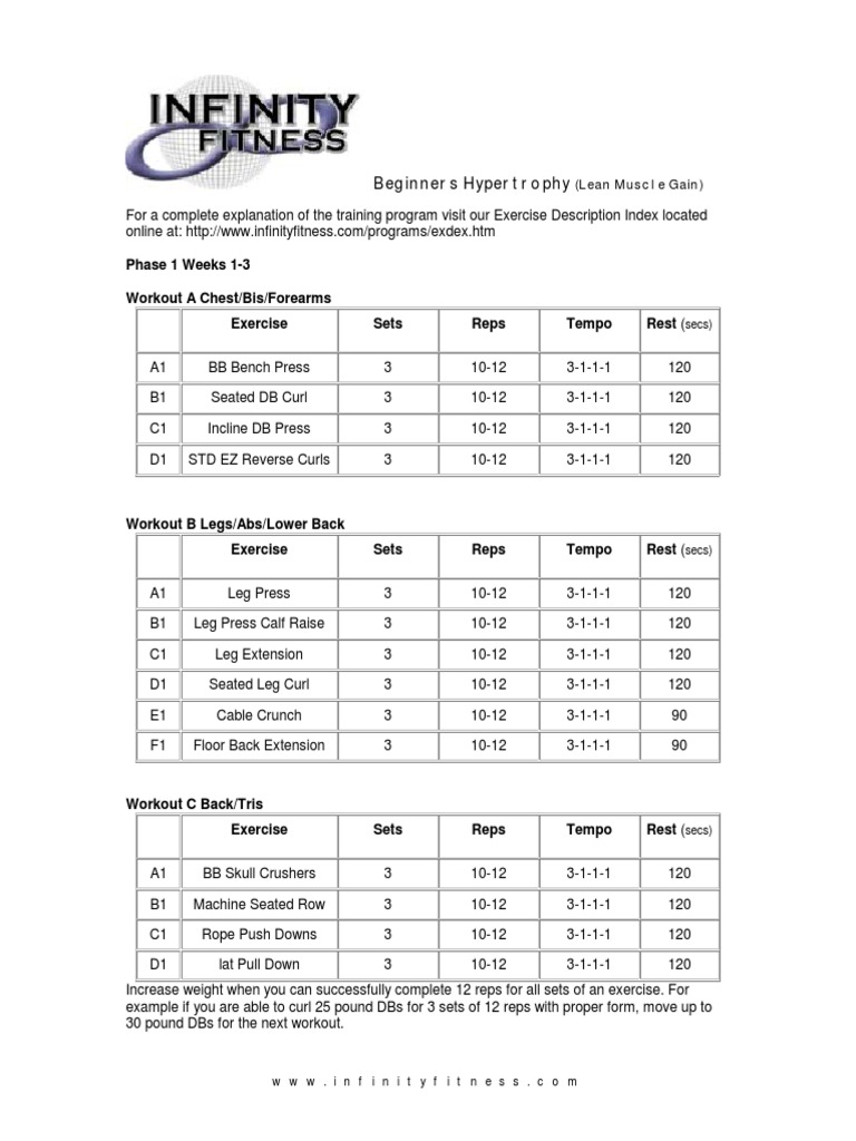 Beginners Hypertrophy: Phase 1 Weeks 1-3 Workout A Chest/Bis/Forearms ...