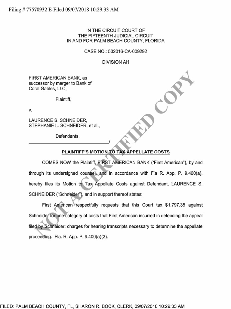217 Plaintiff's FAB Motion Tax Appellate Costs | PDF | Appellate Court ...