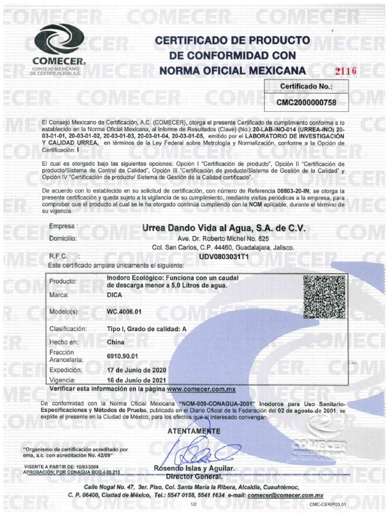 Certificado-Wc 4006 01 | PDF