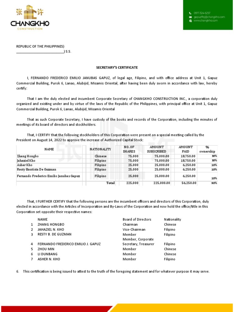 Secretary's Certificate for Changkho Inc. | PDF | Legal Concepts ...