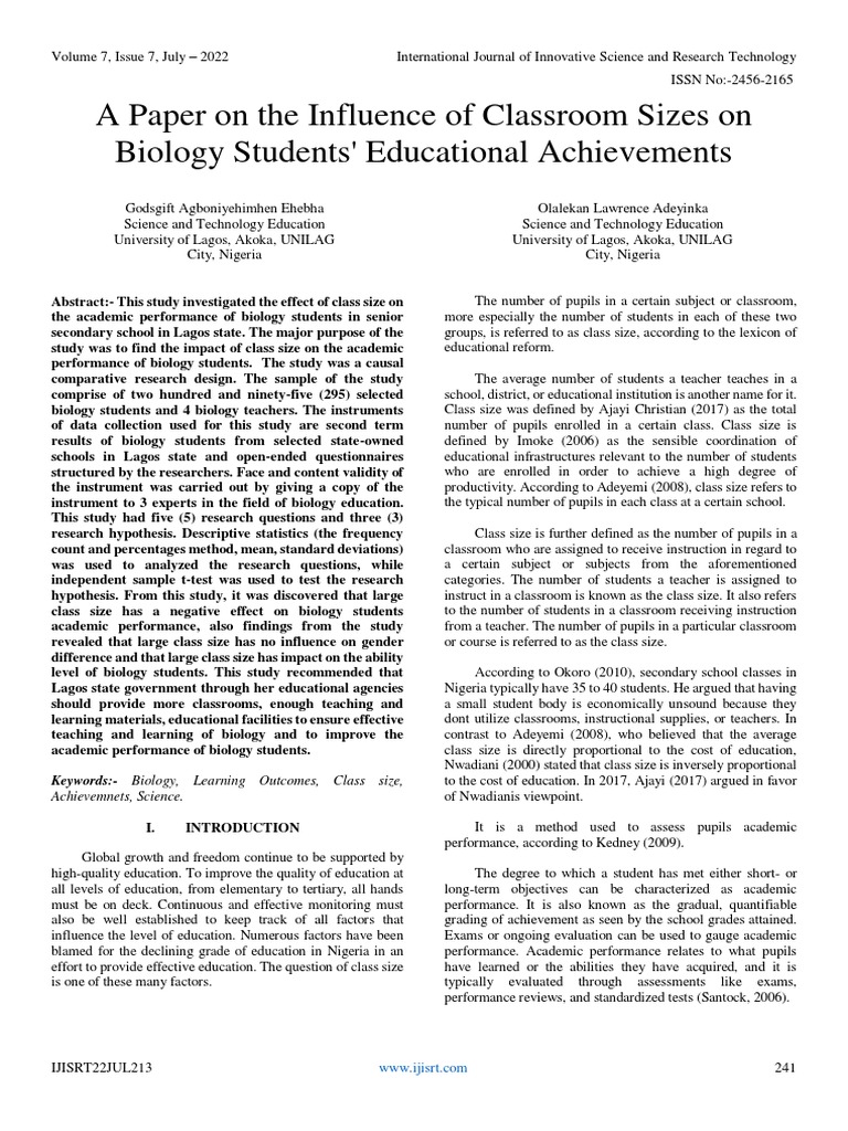 A Paper On The Influence of Classroom Sizes On Biology Students ...