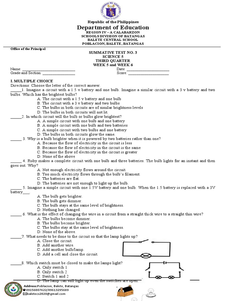 Summative Test No. 3 in Science 5 Third Quarter. | PDF | Electrical ...