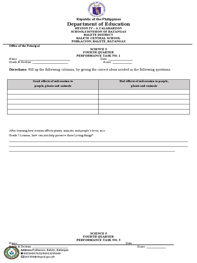Grade 5 Science Performance Tasks Q4 | PDF | Behavior Modification ...