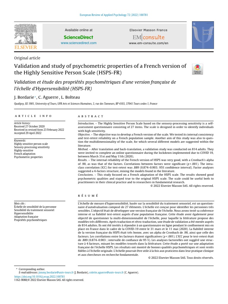 2022 Bordarie Et - Al Validation Study HSPS Scale | PDF | Psychometrics ...