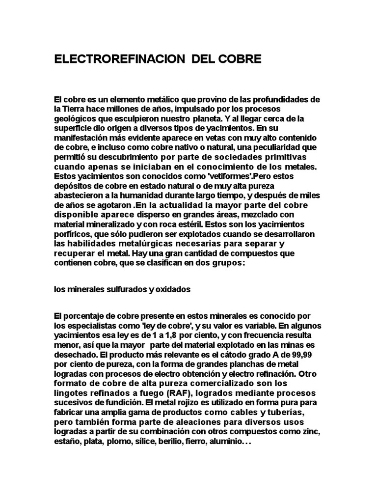 Electrorefinacion Del Cobre | PDF | Cobre | Rieles
